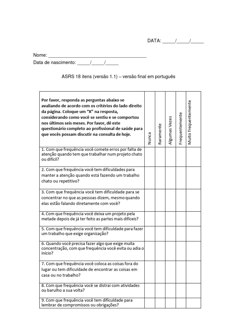 Asrs-18-Tdah Completo PT-BR | PDF | Transtorno de déficit de atenção e ...