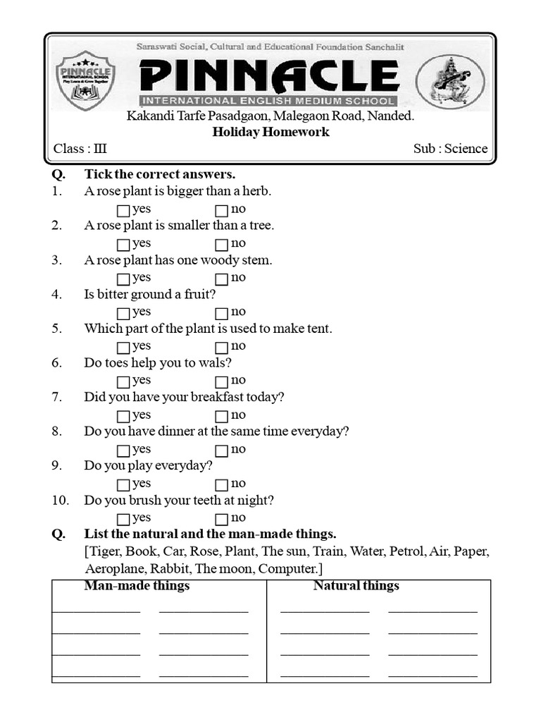 Class III Science Holiday Homework | PDF | Foods | Mouth