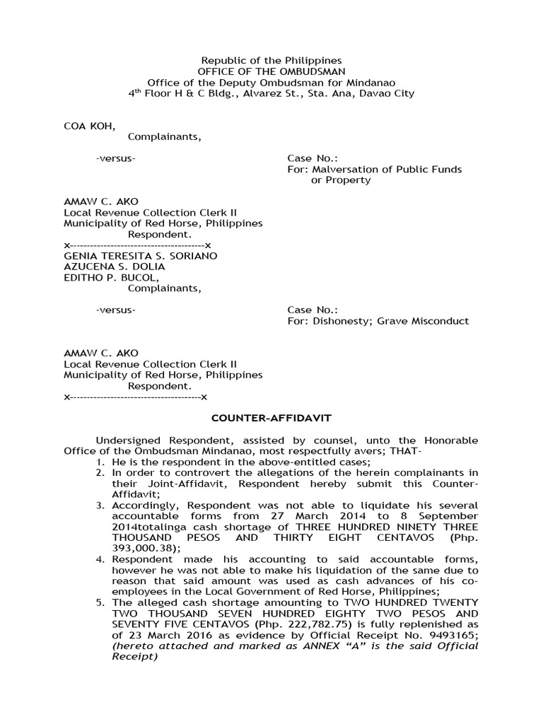 Counter Affidavit Ombudsman Sample | PDF | Negligence | Fraud