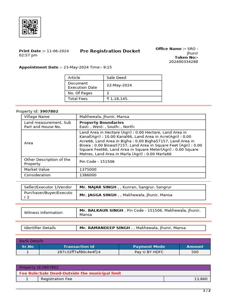 Pre Registration Docket: SR - No Transaction Id Payment Mode Amount ...