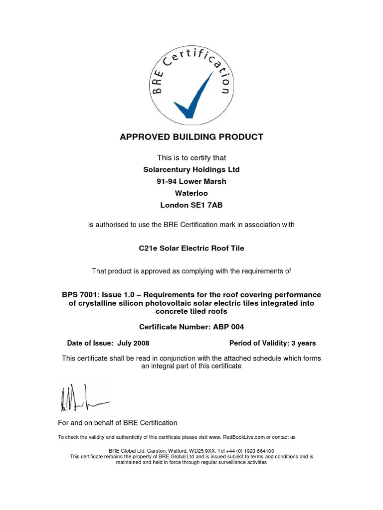 C21e Solar Electric Roof Tile | PDF | Solar Cell | Certification