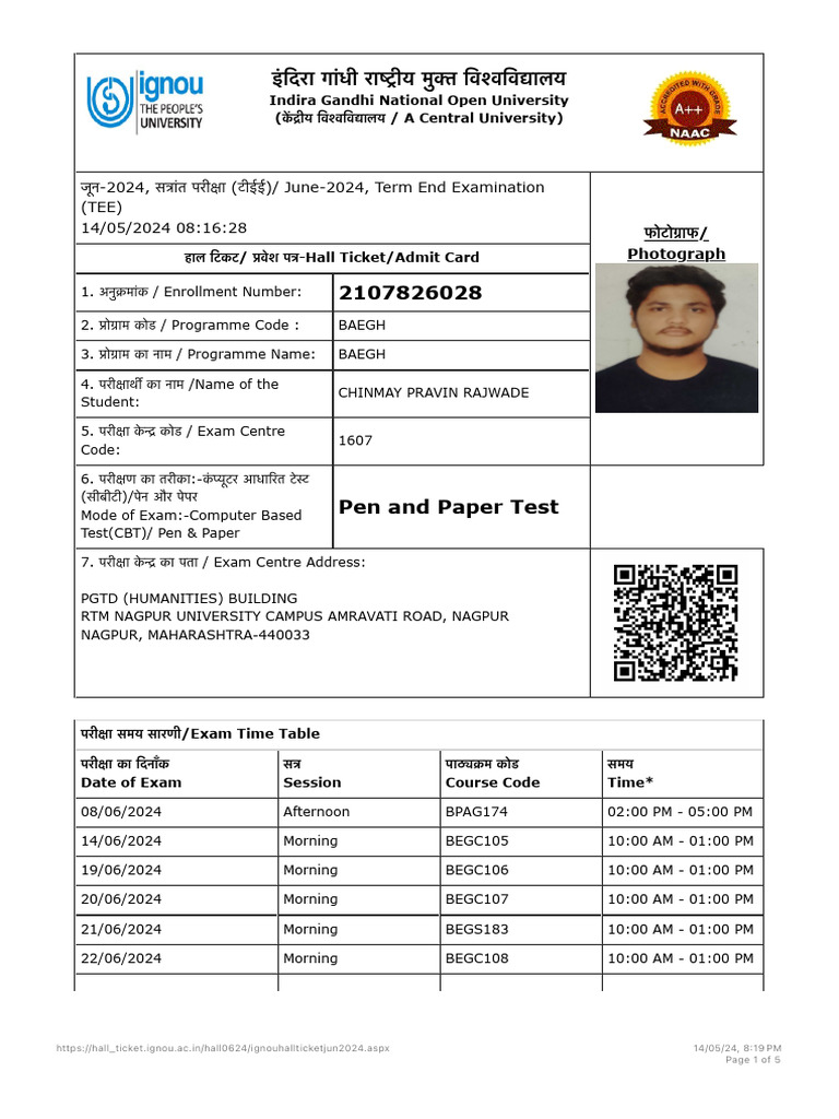 IGNOU June-2024 - HALL TICKET-ADMIT CARD | PDF