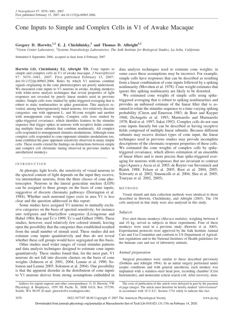 Cone Inputs To Simple and Complex Cells in V1 of Awake Macaque | PDF ...
