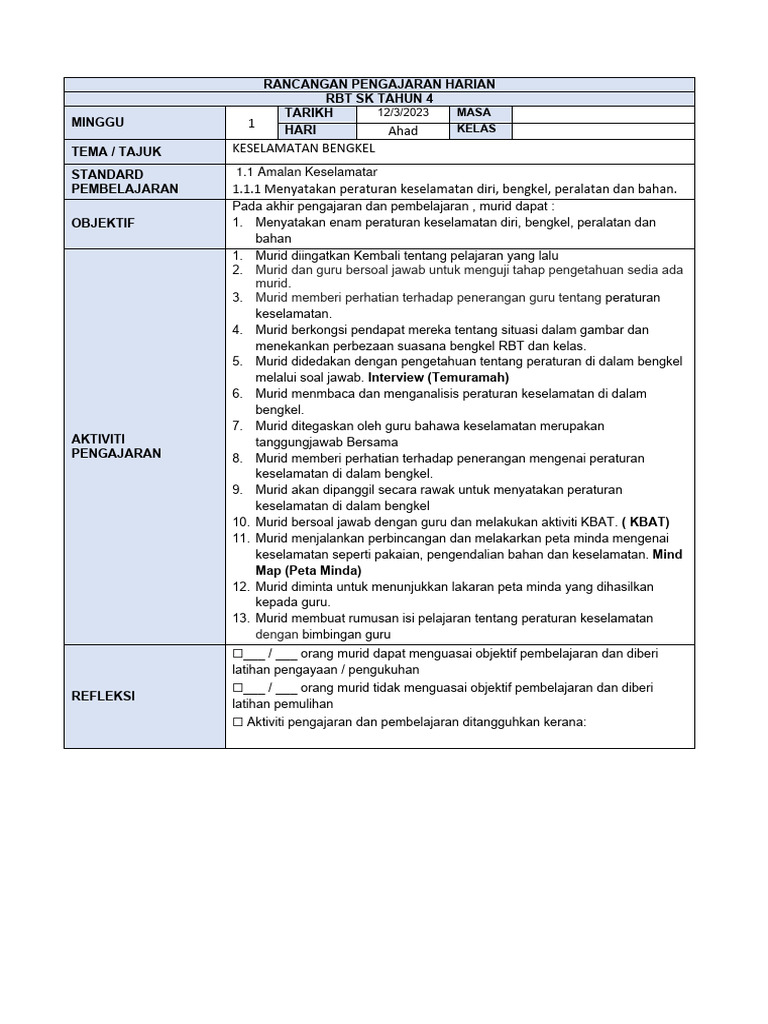 RPH Ringkas Minggu 1 RBT THN 4 2023 by Cikgu Gorgeous | PDF