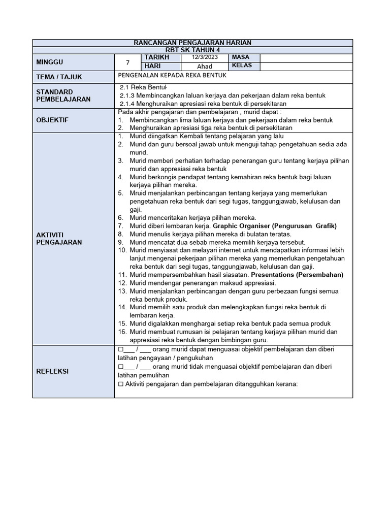 RPH Ringkas Minggu 7 RBT THN 4 2023 by Cikgu Gorgeous | PDF | Seni