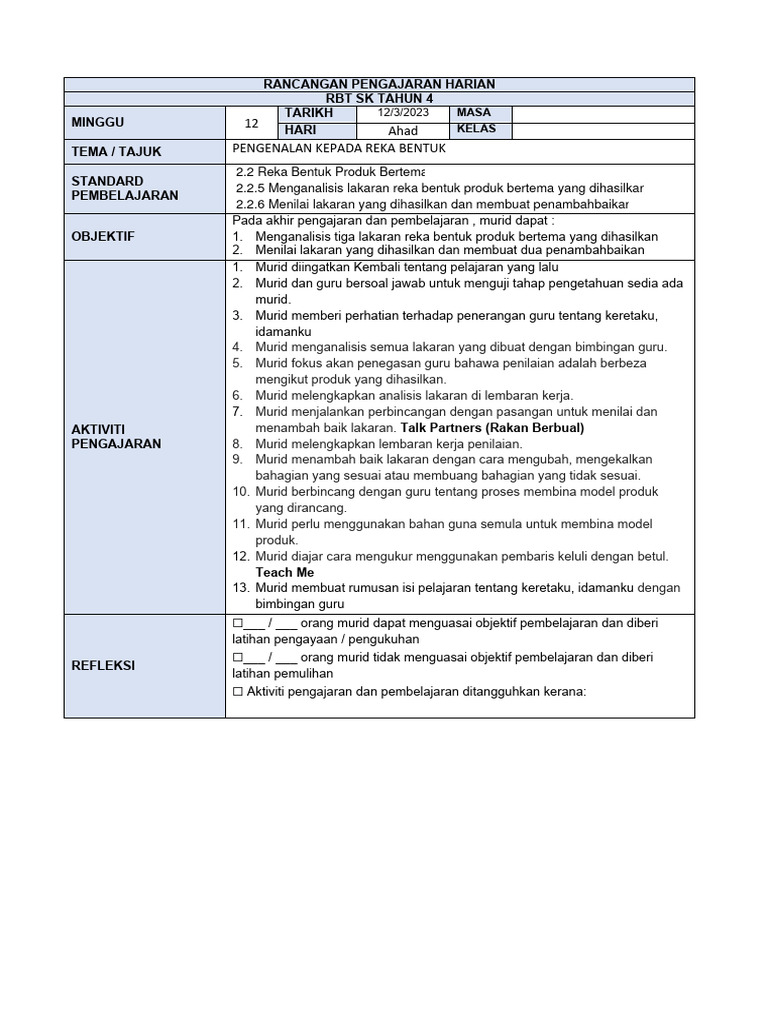 RPH Ringkas Minggu 12 RBT THN 4 2023 by Cikgu Gorgeous | PDF