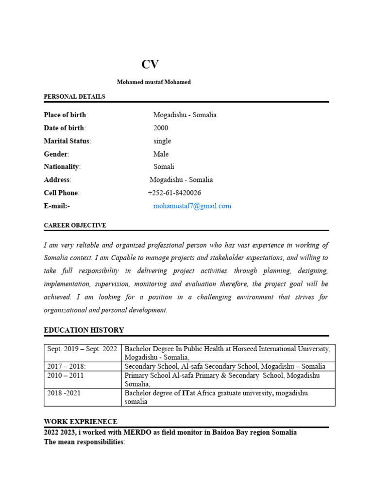 CV For The Position of Icla Technical Assistant Hudur-Bakol Region Somalia1 | PDF | Somalia ...