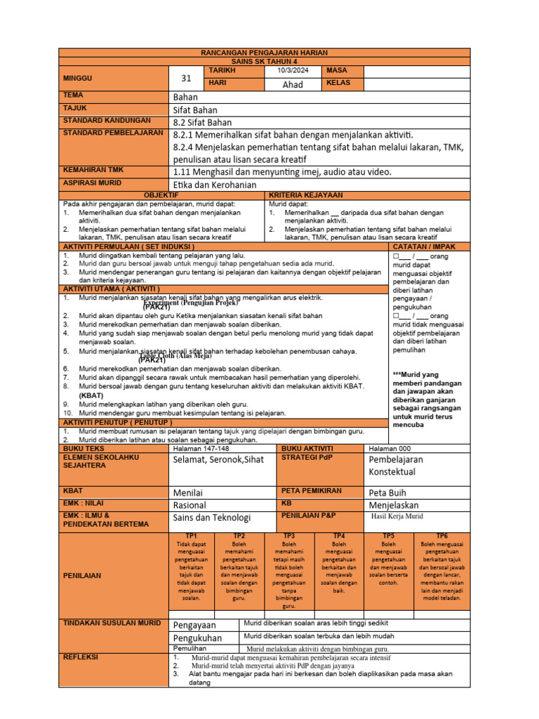 M31 RPH Sains THN 4 2024-2025 by Cikgu Gorgeous | PDF