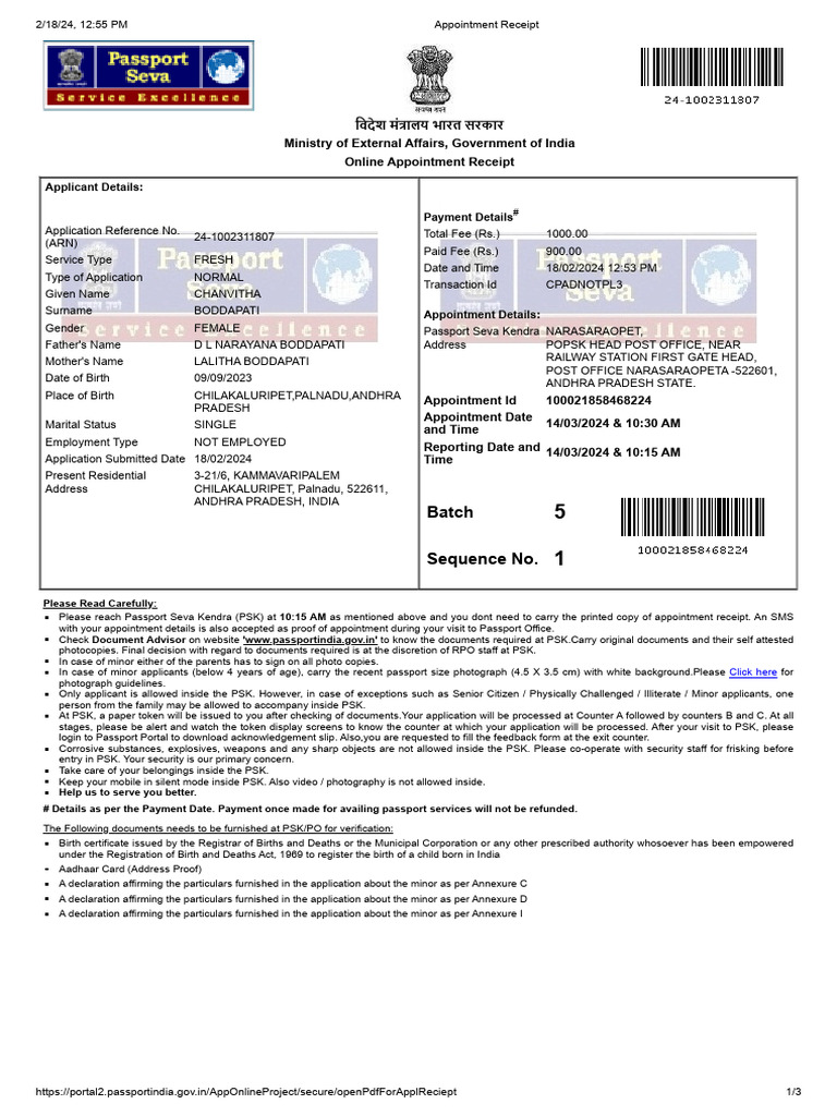 Appointment Receipt | PDF | Identity Document | Parent