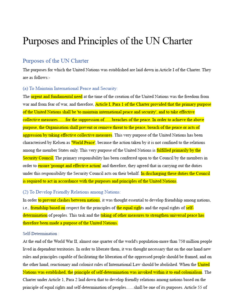 Purposes and Principles of UN Charter | PDF | United Nations ...