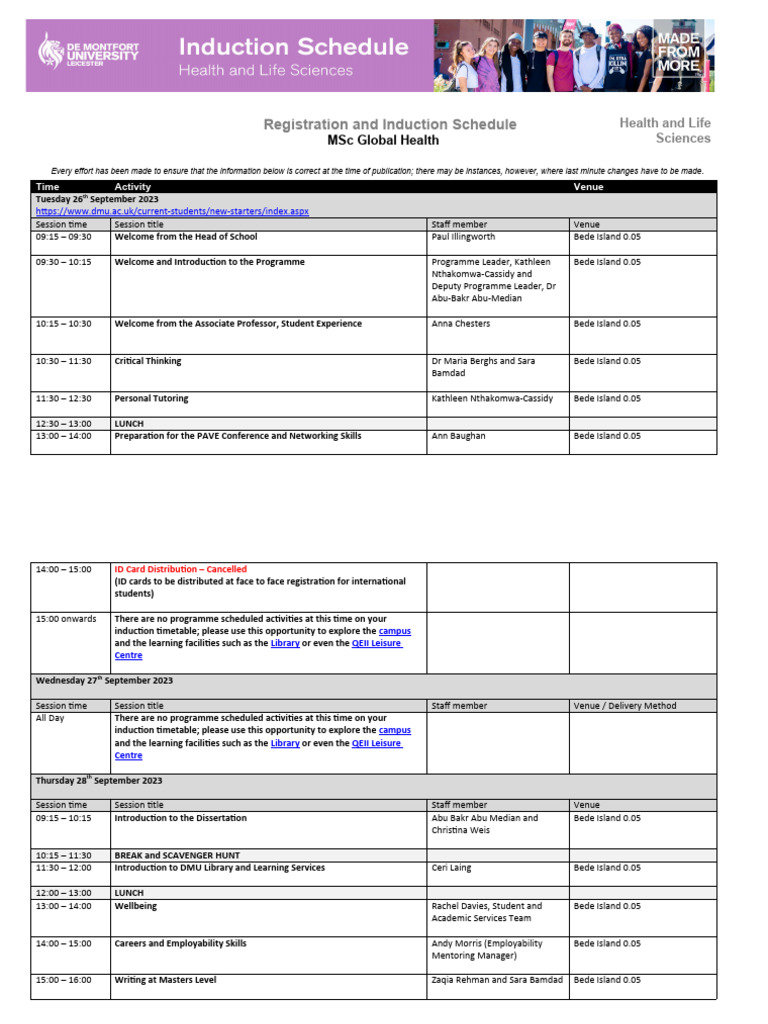 Induction Timetable - B90073 September 2023 | PDF