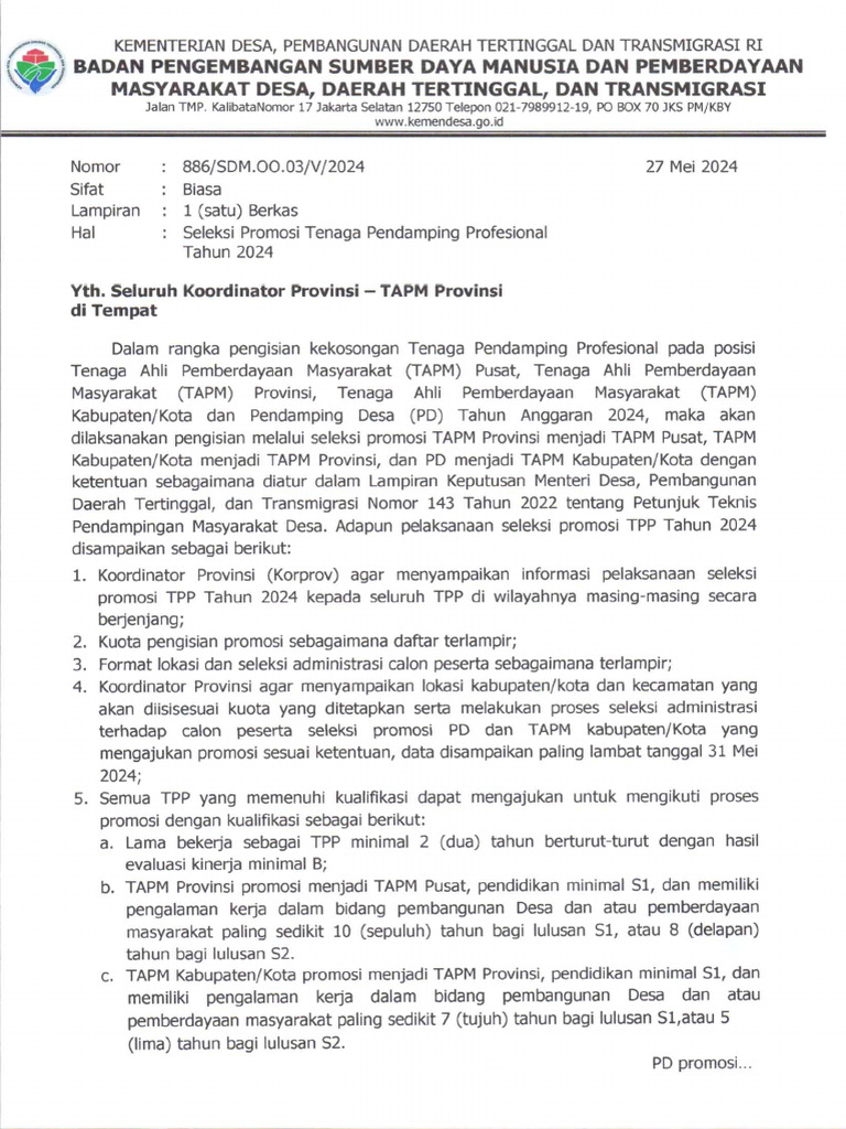 Surat Ke Korprov Tentang Promosi Seleksi TPP 2024 | PDF