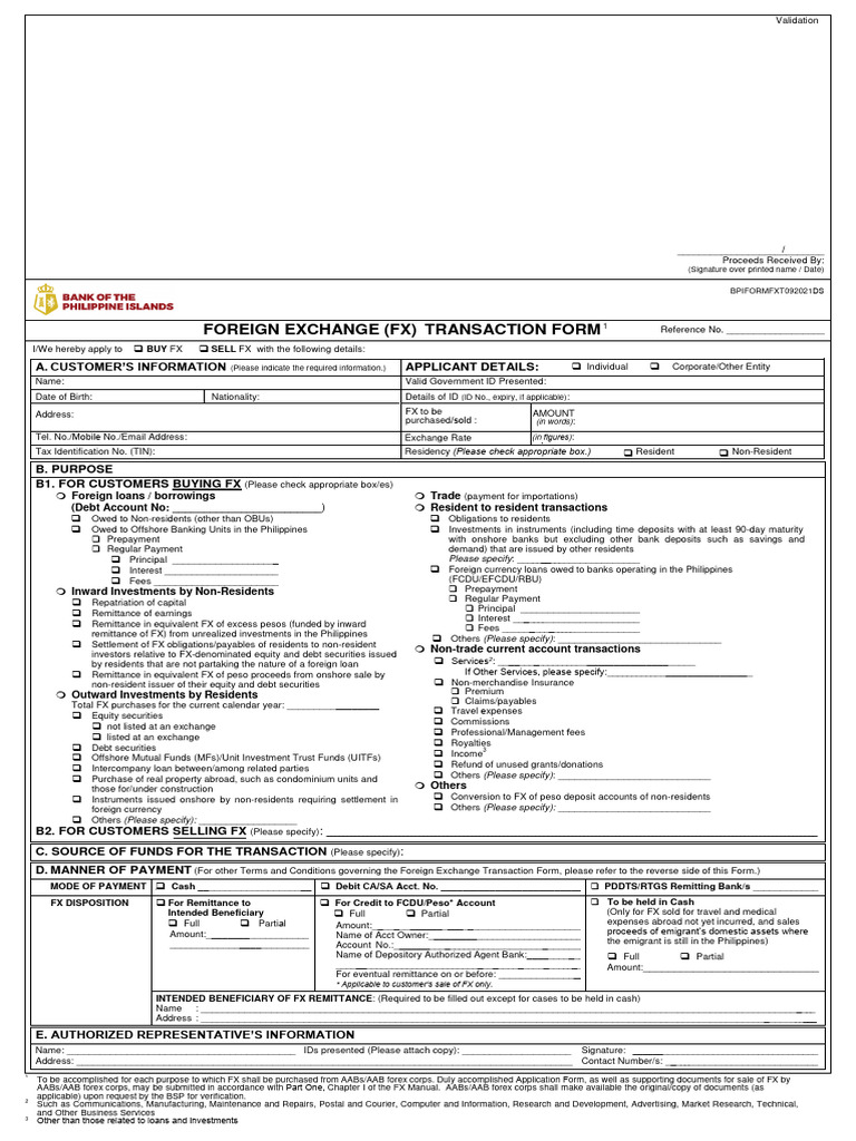 BPI Foreign Exchange Transaction Form | PDF | Debt | Securities (Finance)