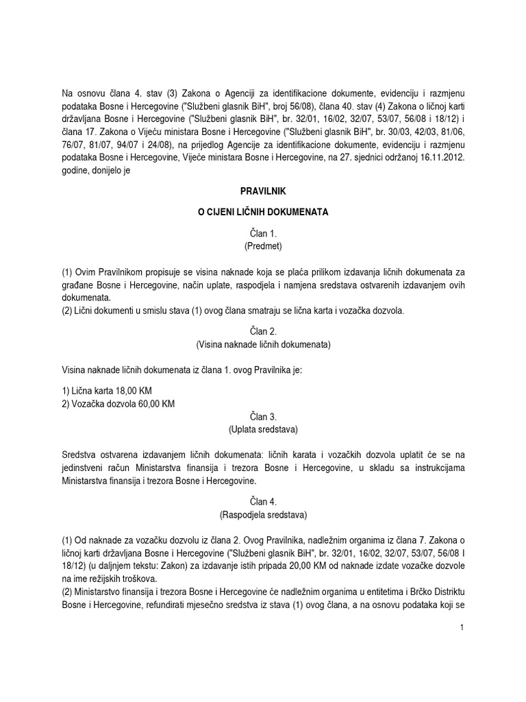 Pravilnik o Cijeni Osobnih Isprava - 100-12 - Bos | PDF
