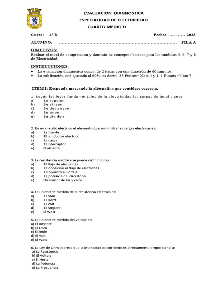 Eval Diag Cuarto Medio D 2023 Fila A | PDF | Resistencia Eléctrica y Conductancia | voltaje