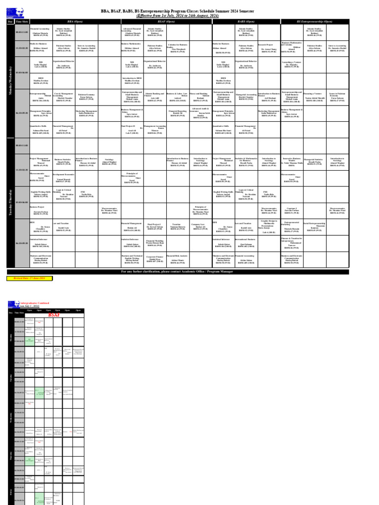 BBA, BSAF, BABS, BSE Program Classes Schedule For Summer 2024 | PDF ...