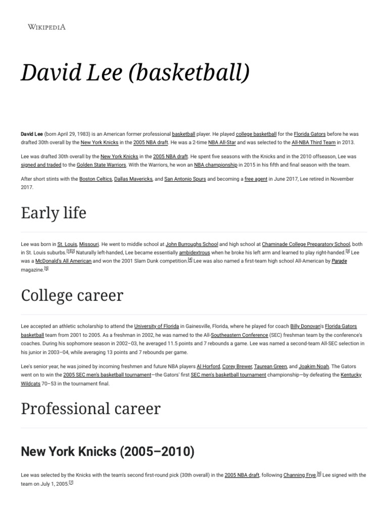 David Lee (Basketball) - Wikipedia | PDF | Indoor Sports | Basketball Teams