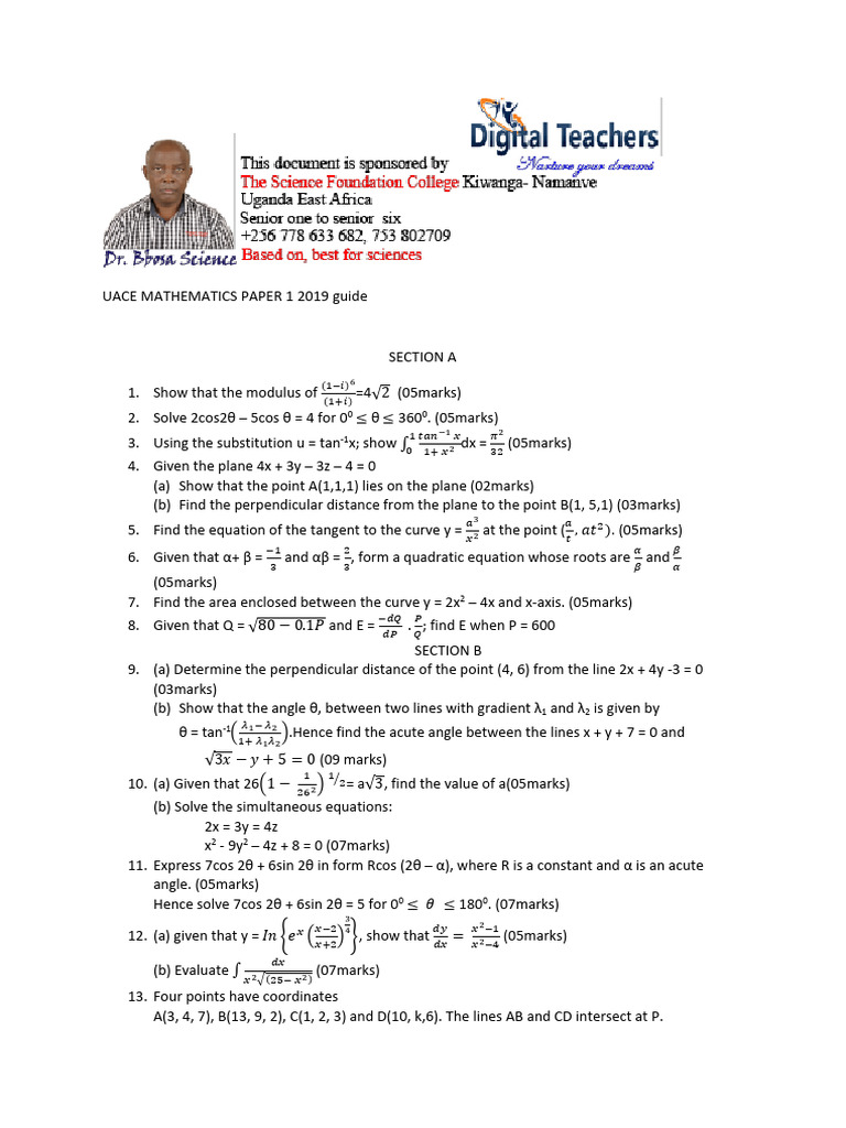 UACE MATHEMATICS PAPER 1 2019 Marking Guide | PDF | Equations | Angle