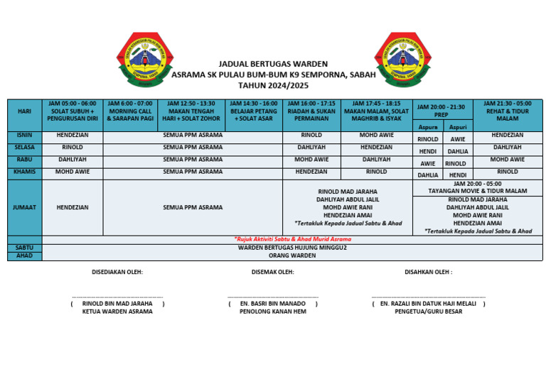 Jadual Bertugas Warden Skpbbk9 2024 Kemeskini 1 | PDF