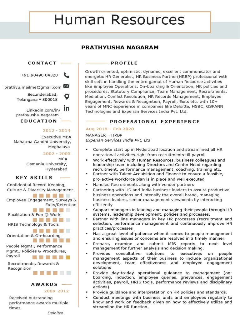 HR+Resume+ +Prathyusha+Nagaram+ +10+yrs | PDF | Human Resource Management | Performance Appraisal