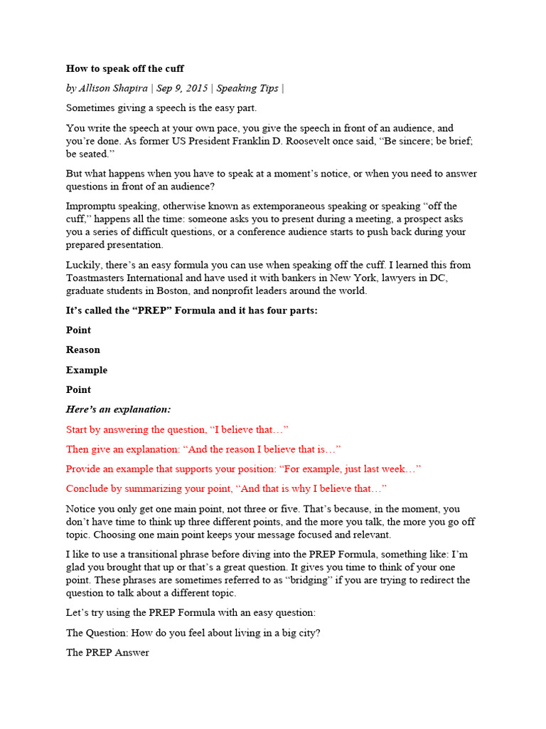 How To Speak Off The Cuff - PrEP Method | PDF | Question