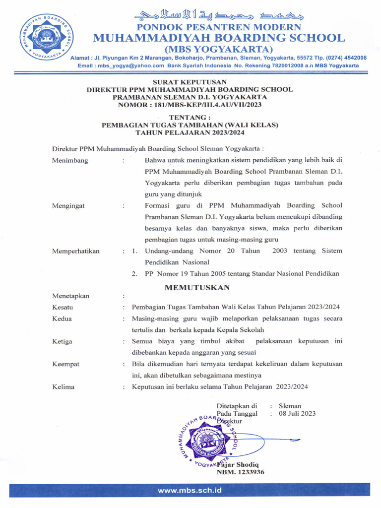 Sk Wali Kelas Tp 2023-2024 | PDF