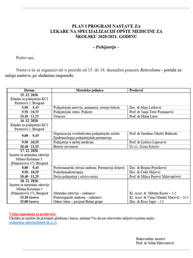 Plan I Program Nastave Za Lekare Na Specijalizaciji Opste Medicine 2020 ...