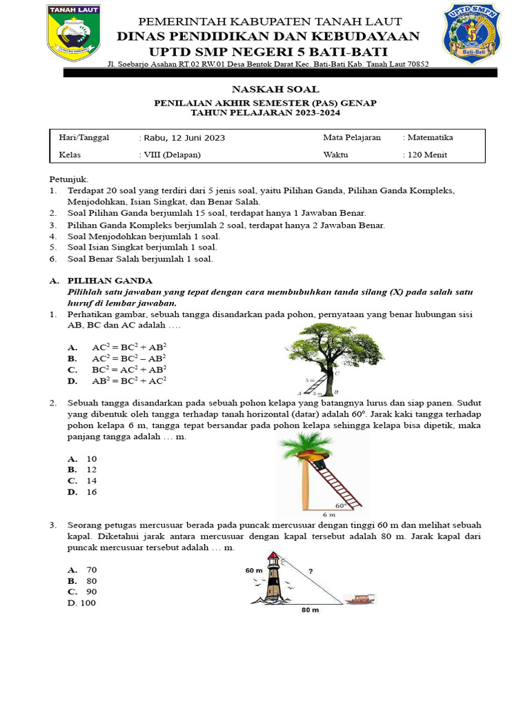Soal Pas MTK Kelas 8 Tahun 2024 | PDF