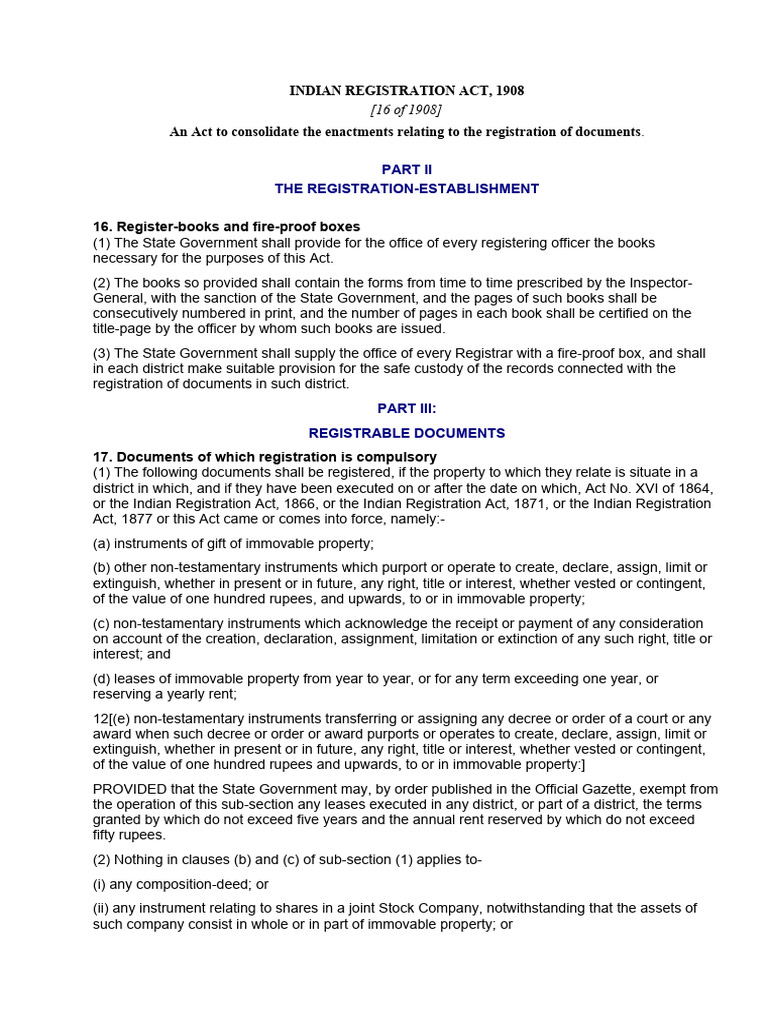 Indian Registration Act, 1908 Overview | PDF | Will And Testament | Loans