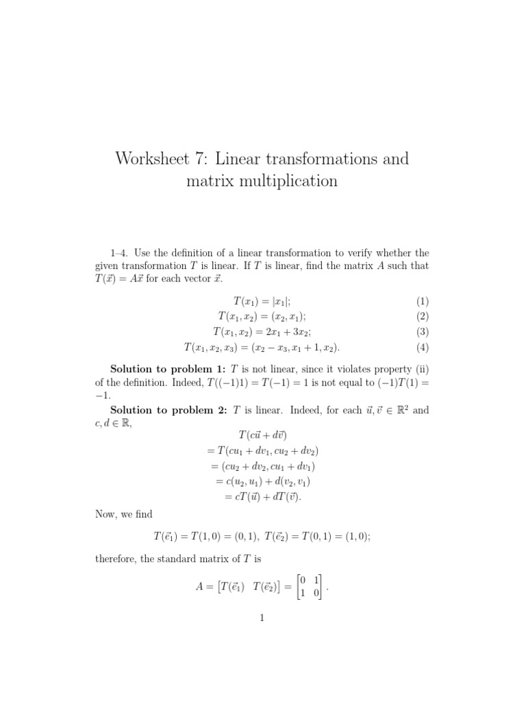 ws7 Linear Ransformaytions | PDF | Matrix (Mathematics) | Vector Space