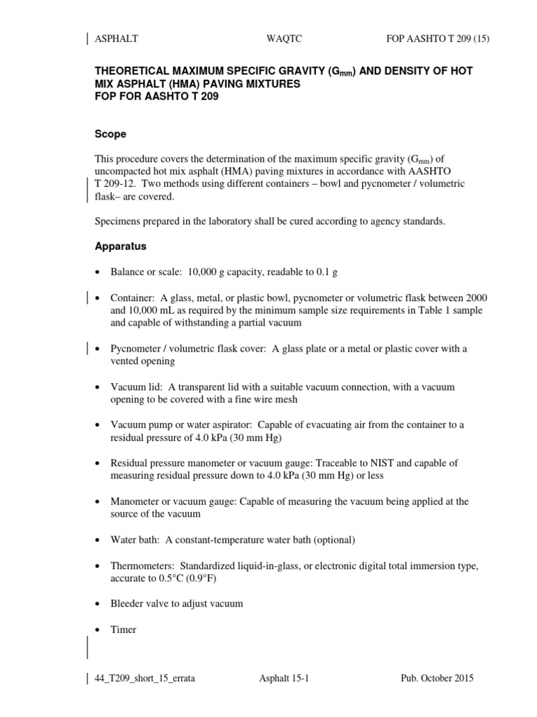Theoretical Maximum Specific Gravity (G) and Density of Hot Mix Asphalt ...