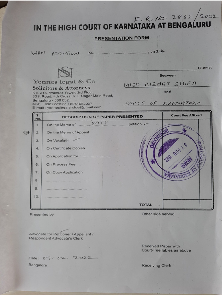 Writ Petition Challenging Hijab Ban Resham V State of Karnataka | PDF