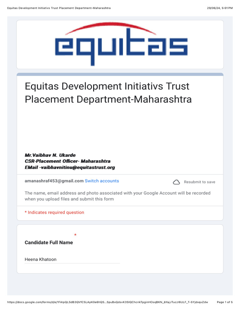 Equitas Development Initiativs Trust Placement Department 1234567890 | PDF | Internet | World ...