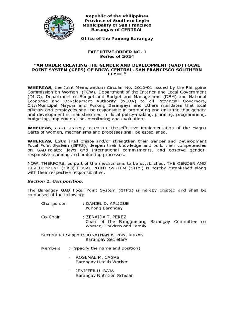 EO On GAD FPS Barangay 2024 | PDF | Justice | Crime & Violence