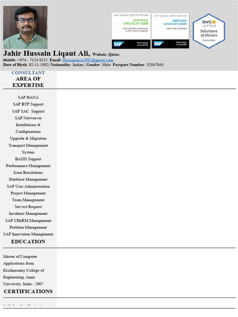 Jahir - Hussain - SAP BASIS Lead & Technical Manager - 11+ - CV | PDF | Cloud Computing | Computing