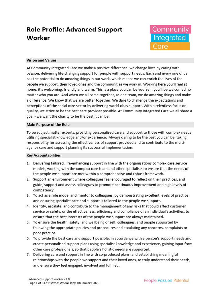 Advanced Support Worker Job Description | PDF | Social Work | Behavior
