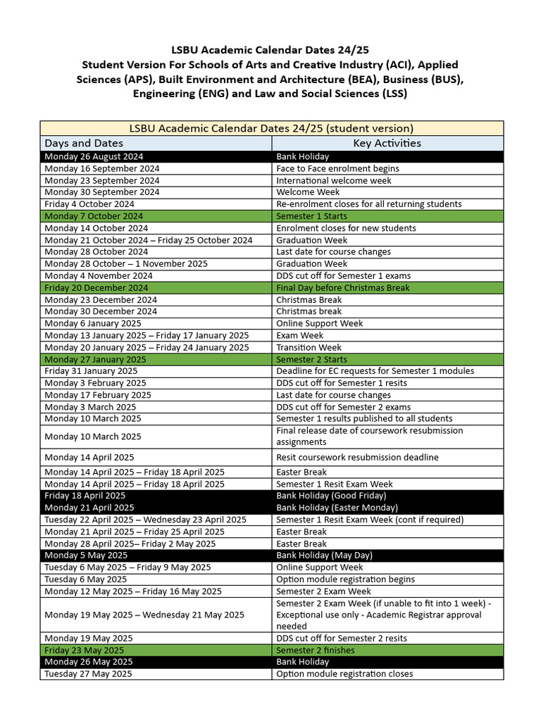 Academic Calendar Key Dates Aci Aps Bea Bus Eng Lss 2425 Student April ...