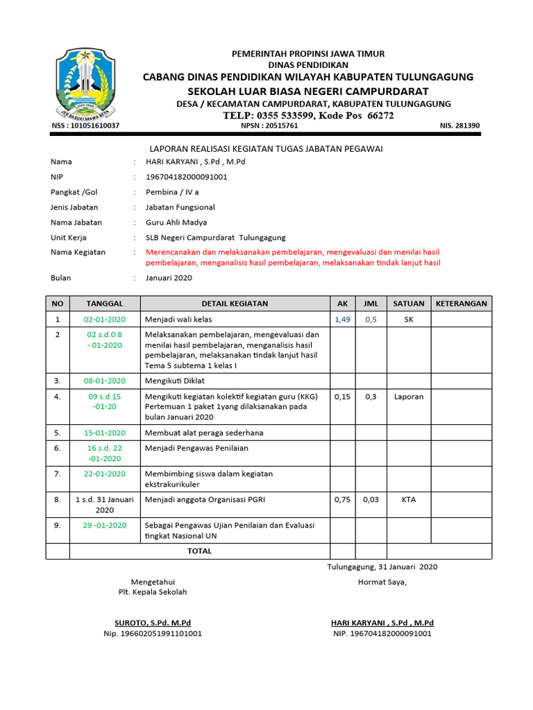 CONTOH LAPORAN REALISASI KEGIATAN SKP 2020 | PDF