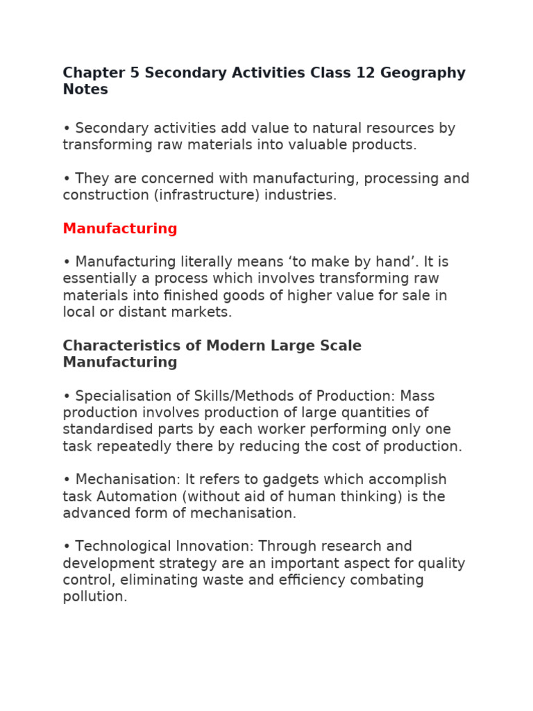 Chapter 5 Secondary Activities Class 12 Geography Notes | PDF ...