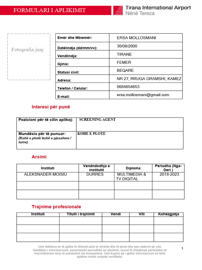 Formulari I Aplikimit: Fotografia Juaj | PDF