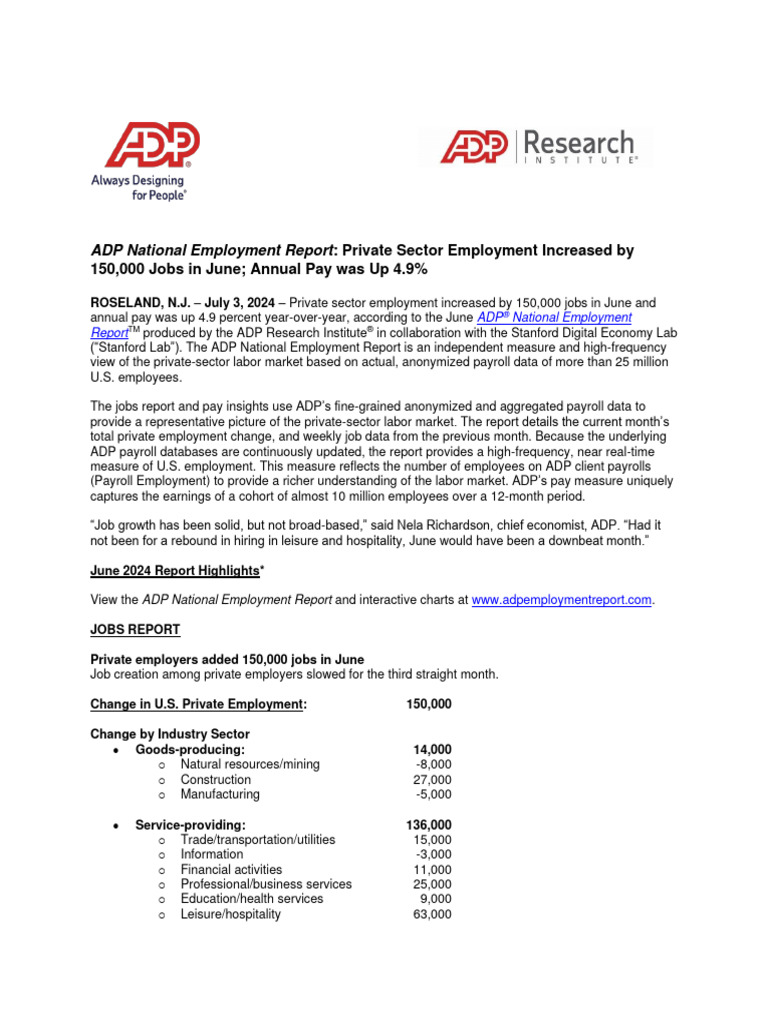 Adp National Employment Report Press Release 2024 06 Final | PDF ...