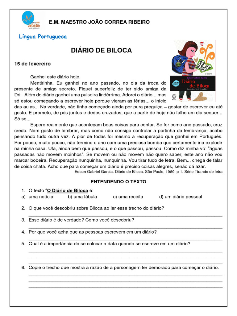O Diário de Biloca - Interpretação de Texto | PDF