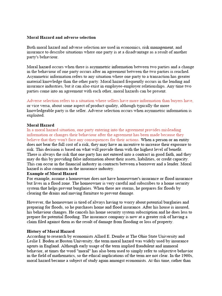 Moral Hazard and Adverse Selection | PDF | Adverse Selection | Moral Hazard