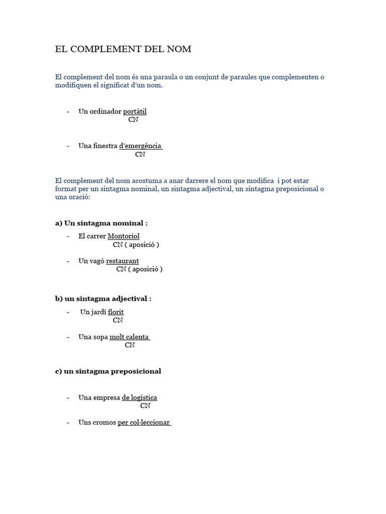 EL COMPLEMENT DEL NOM (Resum Per Examen) | PDF