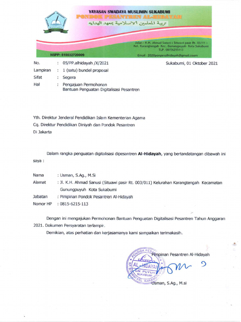 Surat Permohonan Bantuan Digitalisasi Pesantren Al Hidayah Pdf