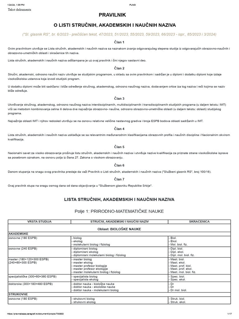 Pravilnik o Listi Stručnih, Akademskih I Naučnih Naziva | PDF