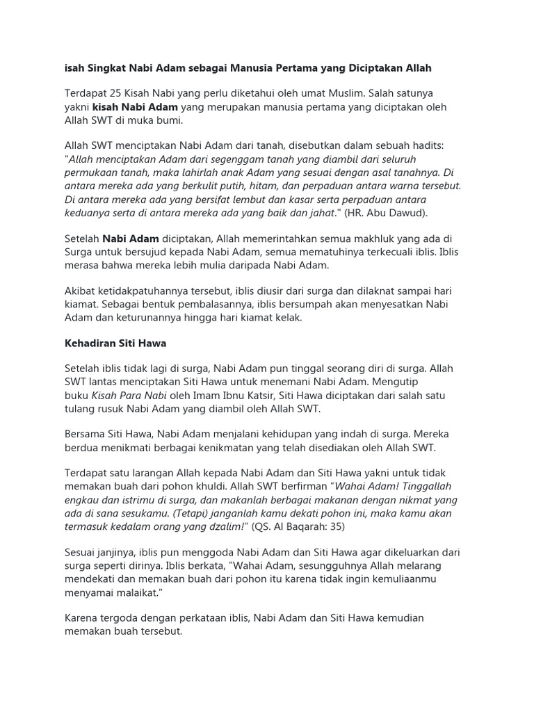 Kisah Nabi Adam: Manusia Pertama | PDF