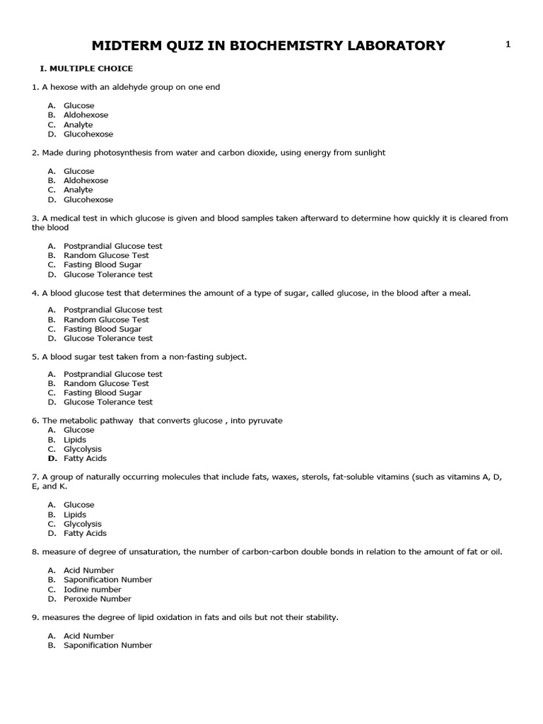 Midterm Quiz Biochem Lab | PDF | Lipid | Glucose Midterm Quiz Biochem Lab | PDF | Lipid | Glucose