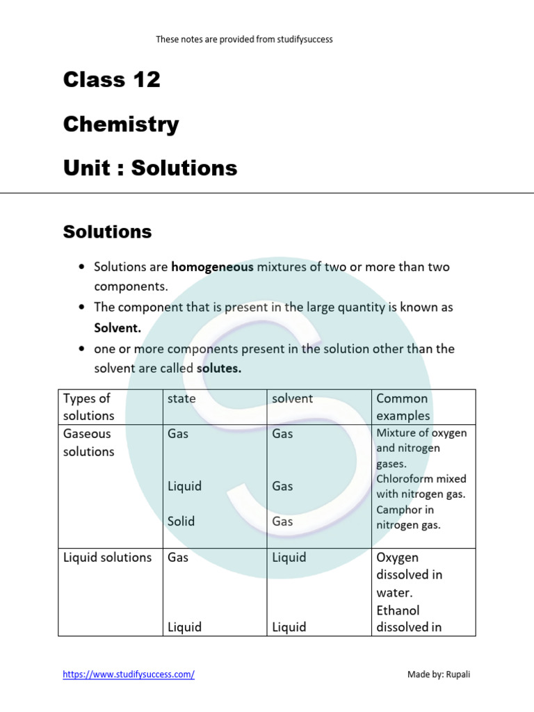Class 12 Chemistry Unit: Solutions | PDF | Solubility | Osmosis