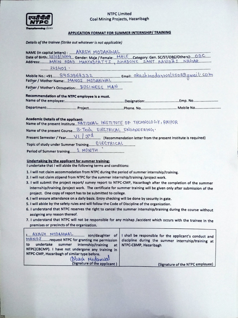 NTPC Application | PDF
